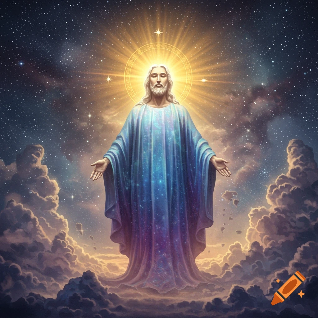 A radiant depiction of Jesus with outstretched arms, in a flowing blue ...