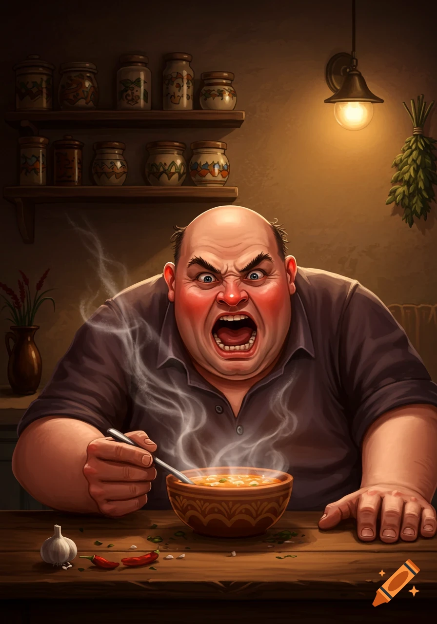 A bald man with a red face yells angrily at a steaming bowl of soup on ...