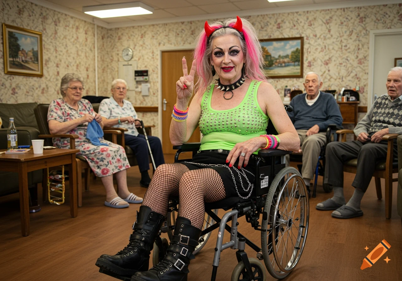 A punk-rock styled elderly woman in a wheelchair making a peace sign in ...
