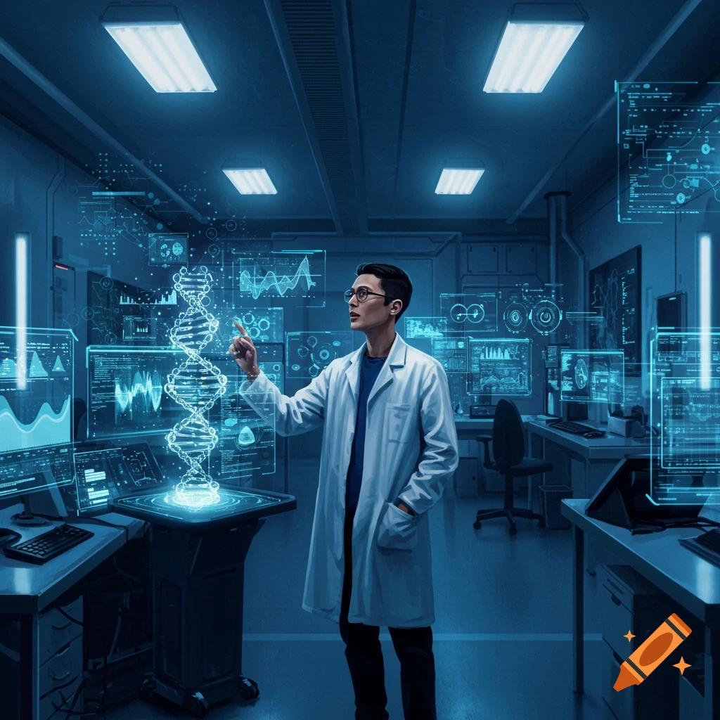 Three women in lab coats and dresses laugh in a futuristic blue-lit ...