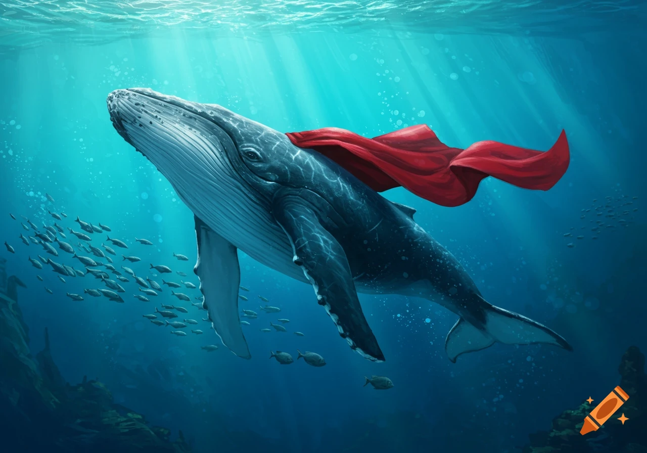 A majestic humpback whale with a flowing red cape swims through the ...