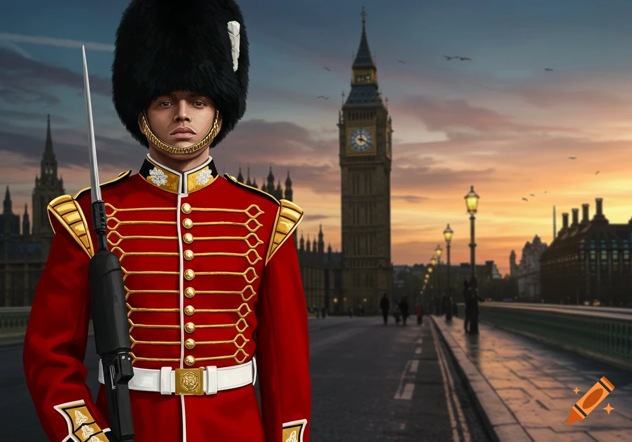 A Welsh Guard in traditional red uniform and bearskin hat stands at ...