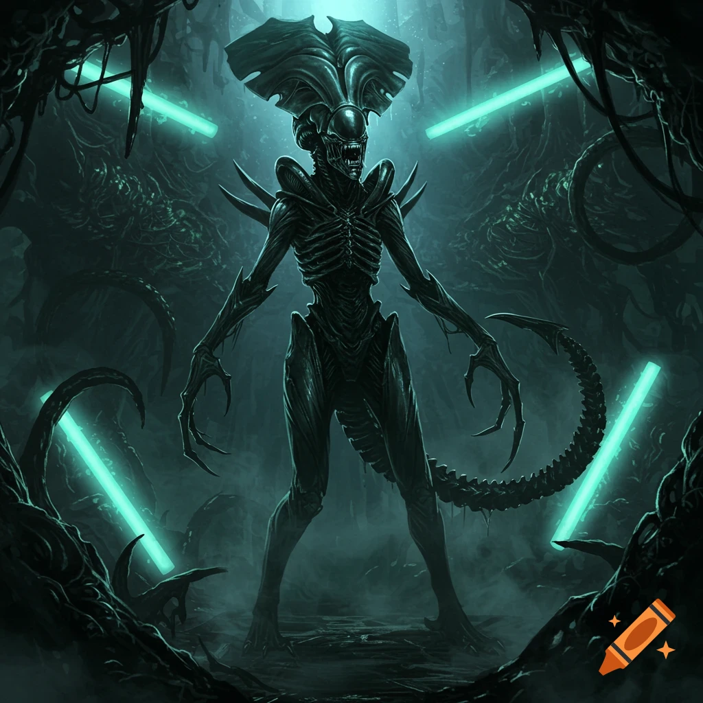 A tall, gaunt, multi-limbed humanoid entity with glowing eyes stands in ...