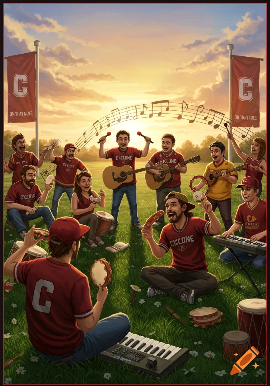 A group of people in red shirts with "CYCLONE" printed on them play ...