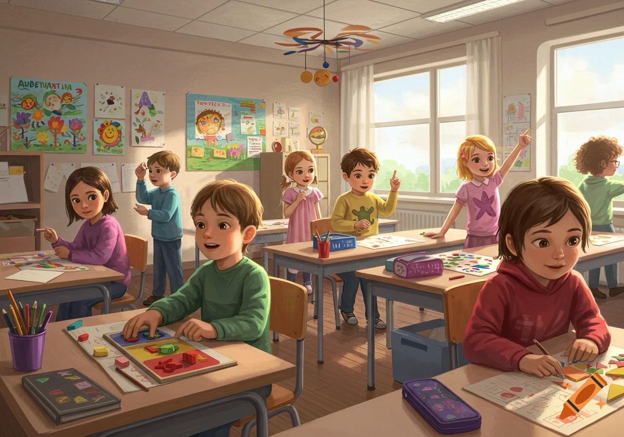 An illustration of a diverse group of children and a teacher in a ...