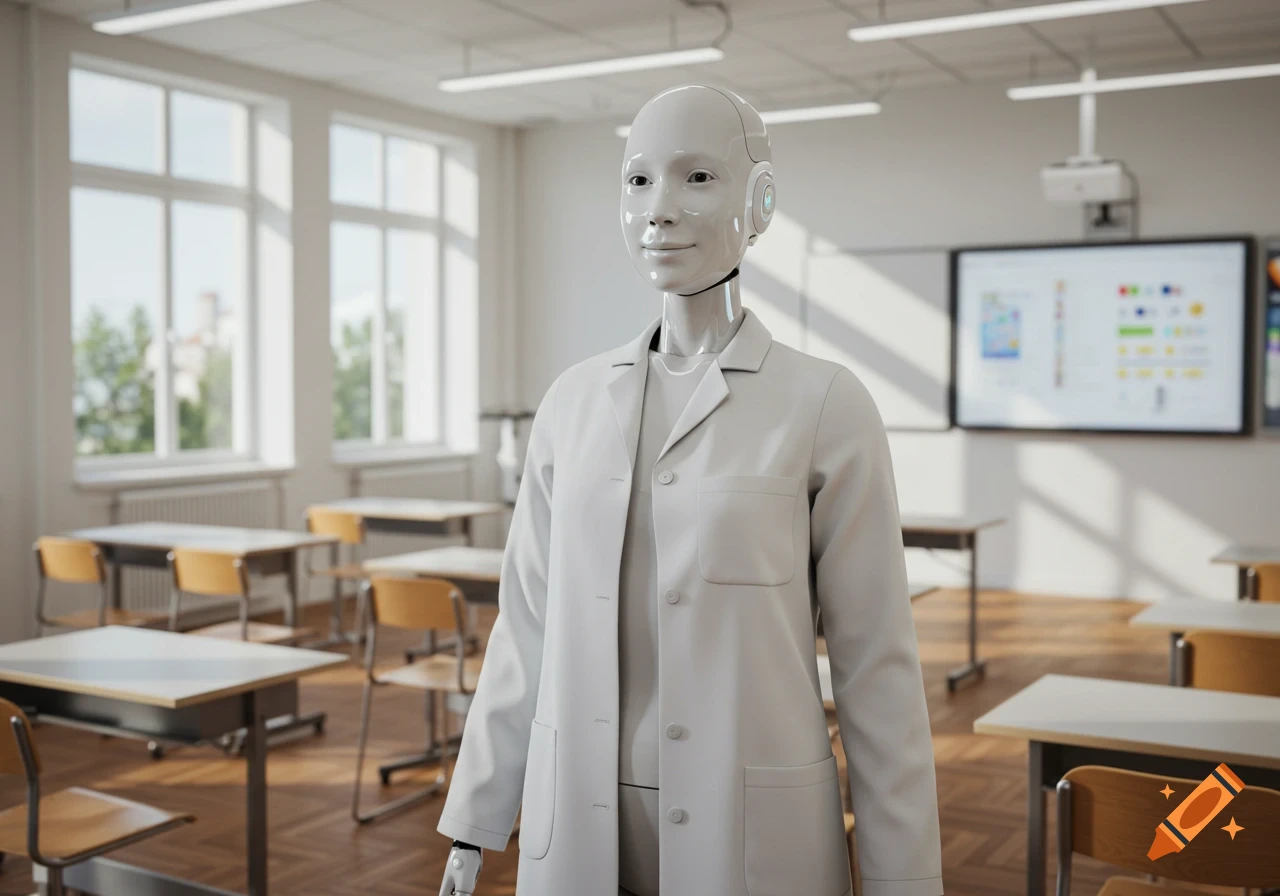 A photorealistic female-like robot in a lab coat stands smiling in a ...