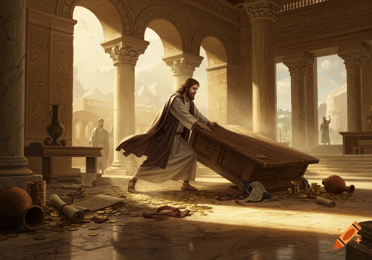 Robed figures stand in a grand domed hall with a large central pillar ...