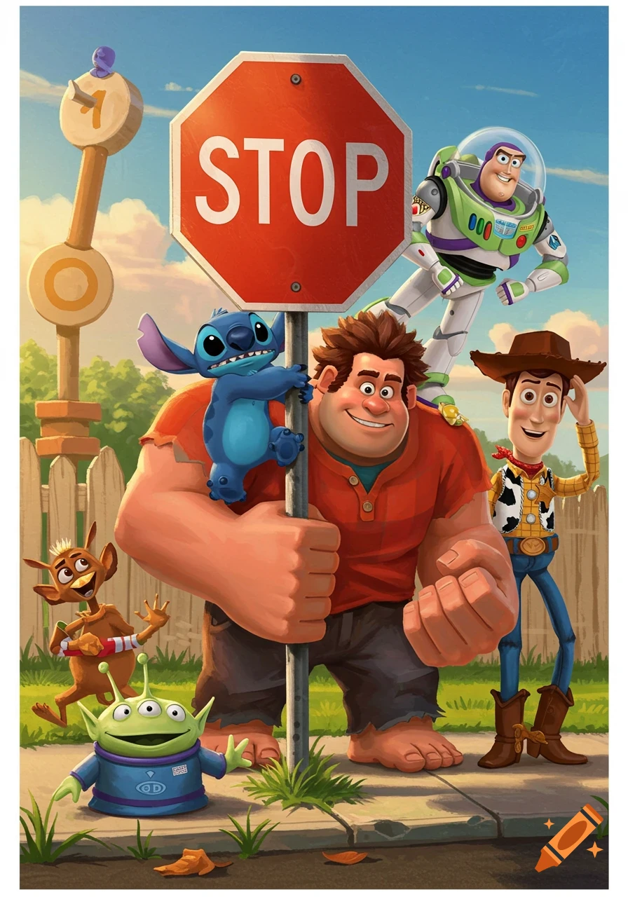 Wreck-It Ralph holds a red stop sign while Stitch, Buzz Lightyear ...