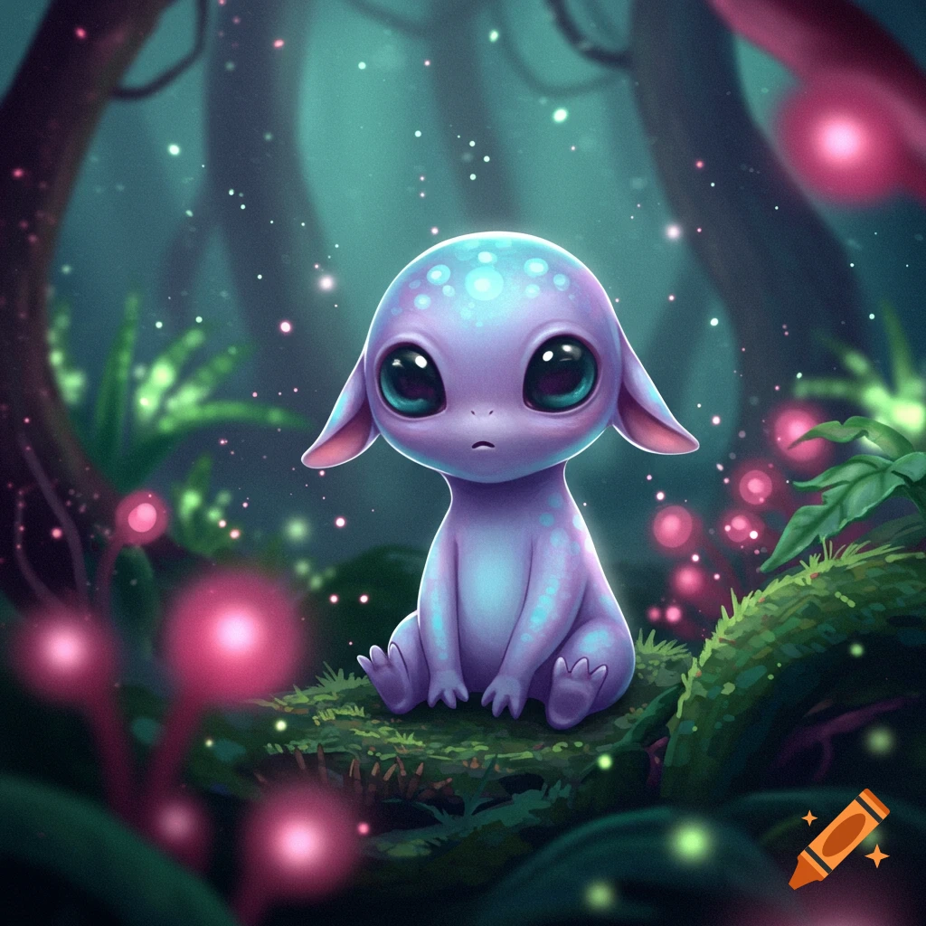 A cute, small purple alien creature with large eyes sits on moss in a dark, glowing fantasy ...