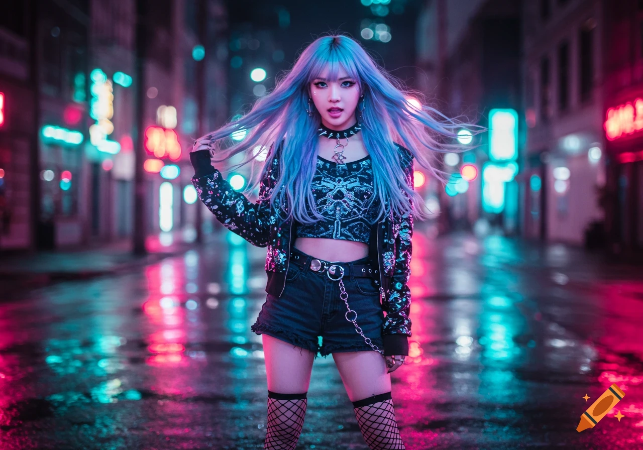 A young woman with blue hair, wearing cyberpunk-inspired street fashion ...