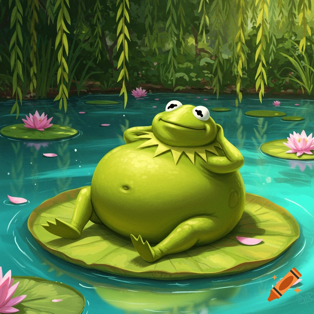 A smiling, very fat Kermit the Frog relaxes on a large lily pad in a serene pond with pink water ...