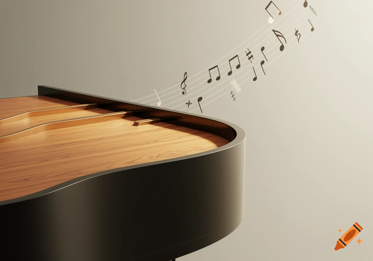 Close-up of a dark and wooden piano corner with musical notes flowing ...