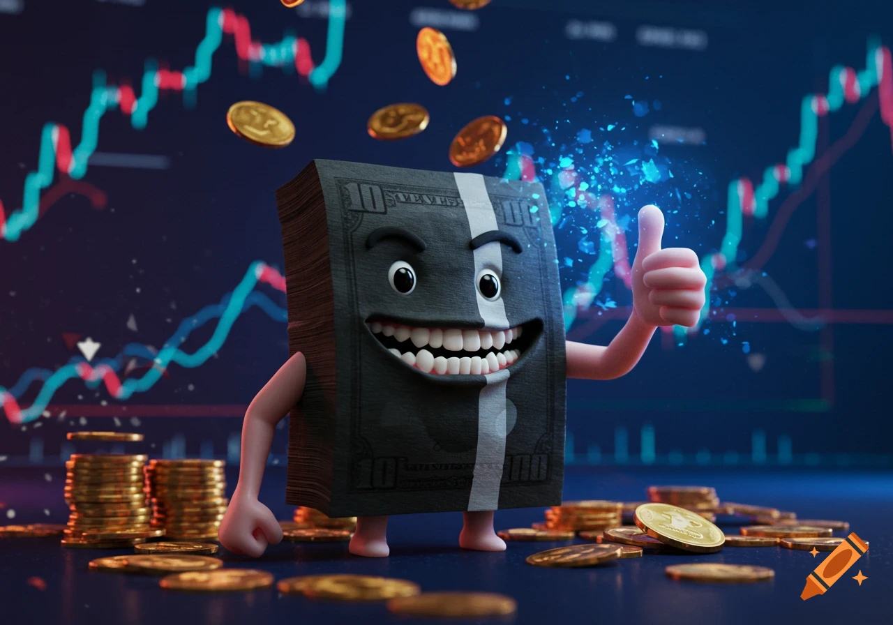 A grinning cartoon stack of black money with arms and legs gives a ...