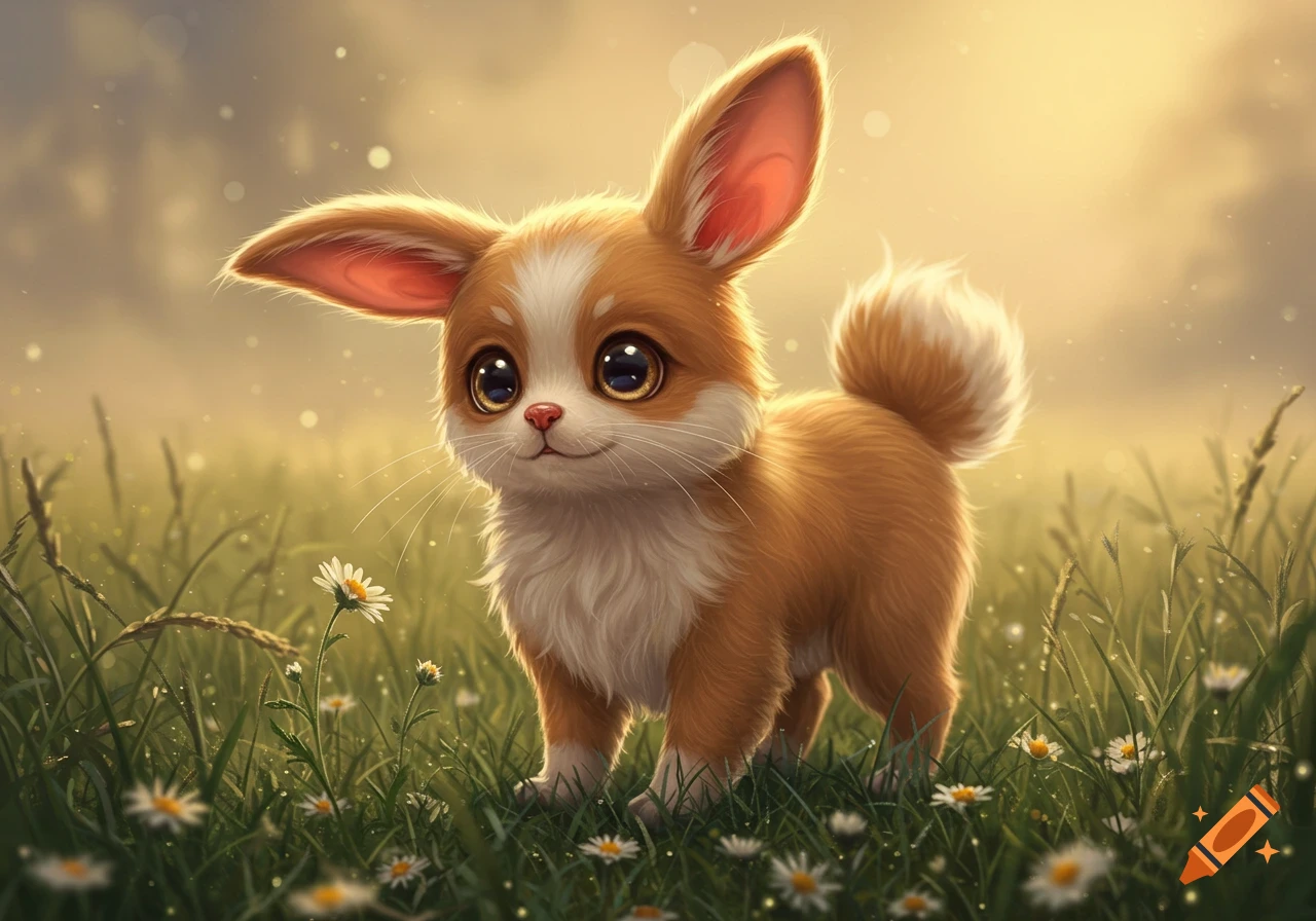 A cute cartoonish dog-bunny hybrid creature with large eyes and ears ...