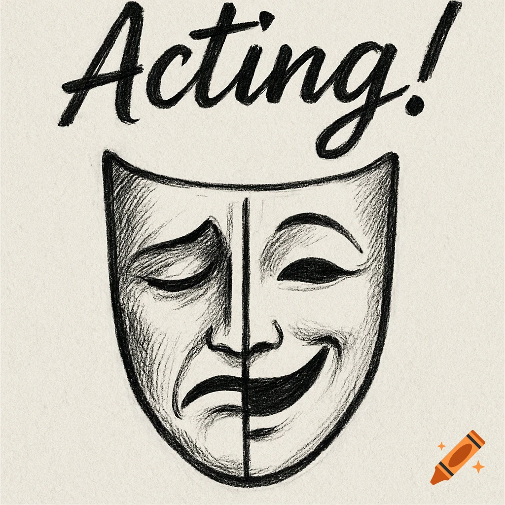 A black and white sketch of a split theater mask, with one half ...