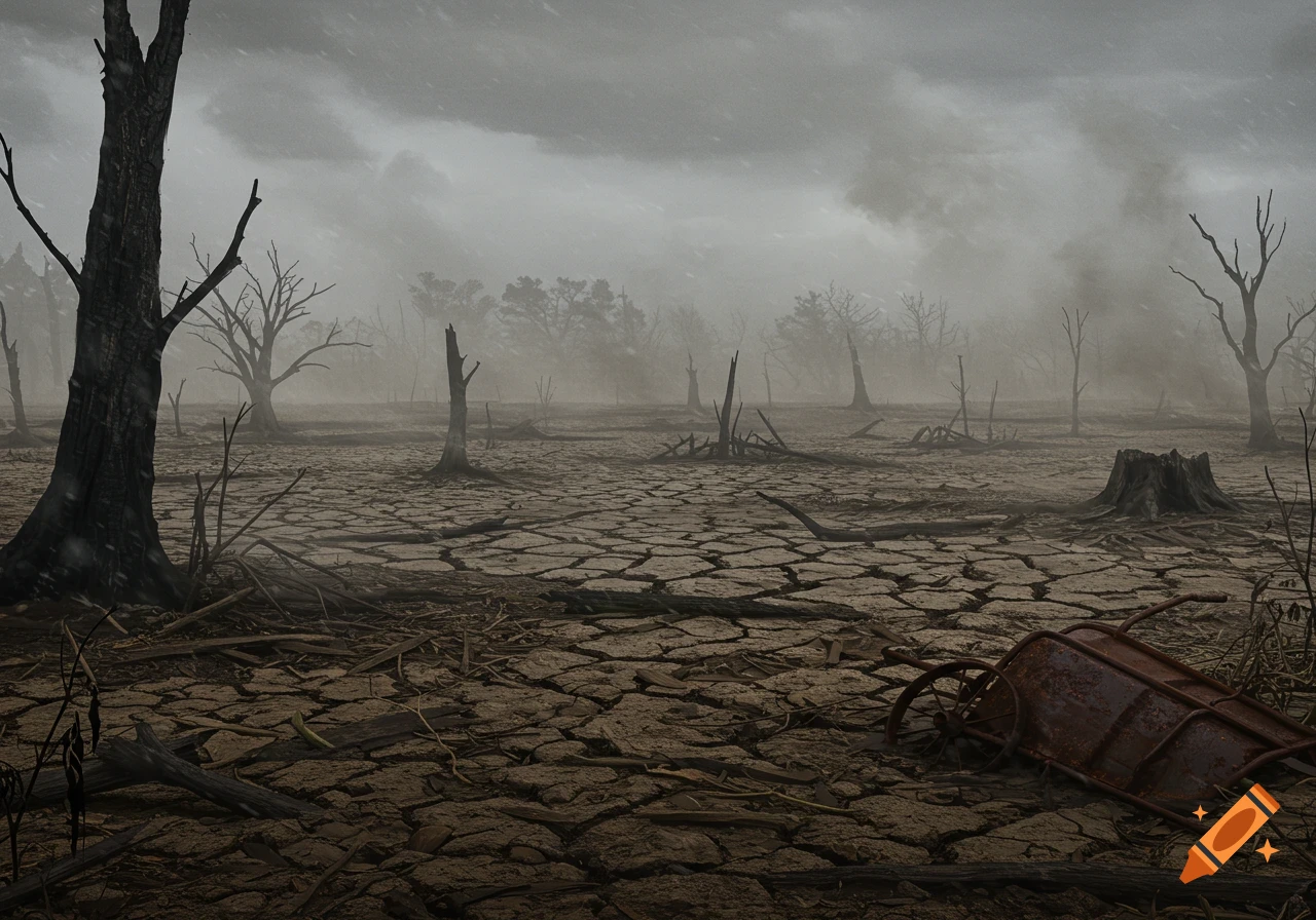 A desolate, cracked earth landscape with dead trees under a gloomy sky ...