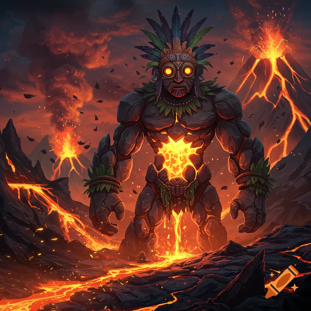 A powerful lava elemental creature with a tribal mask and glowing core ...