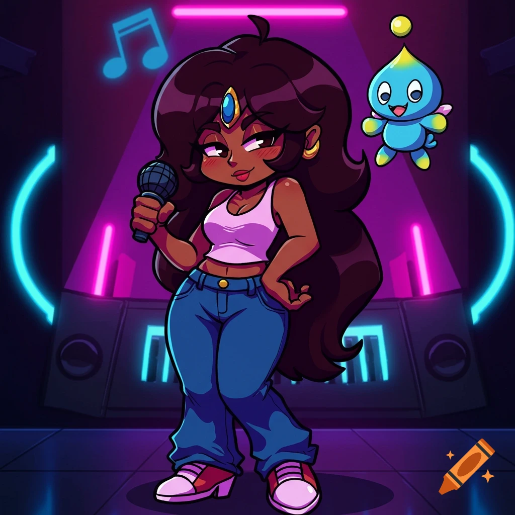 A brown-skinned cartoon character in a tank top and jeans sings with a microphone in a neon-lit ...