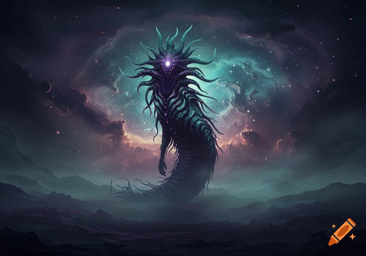 A four-armed, four-eyed alien humanoid with glowing teal spots stands ...