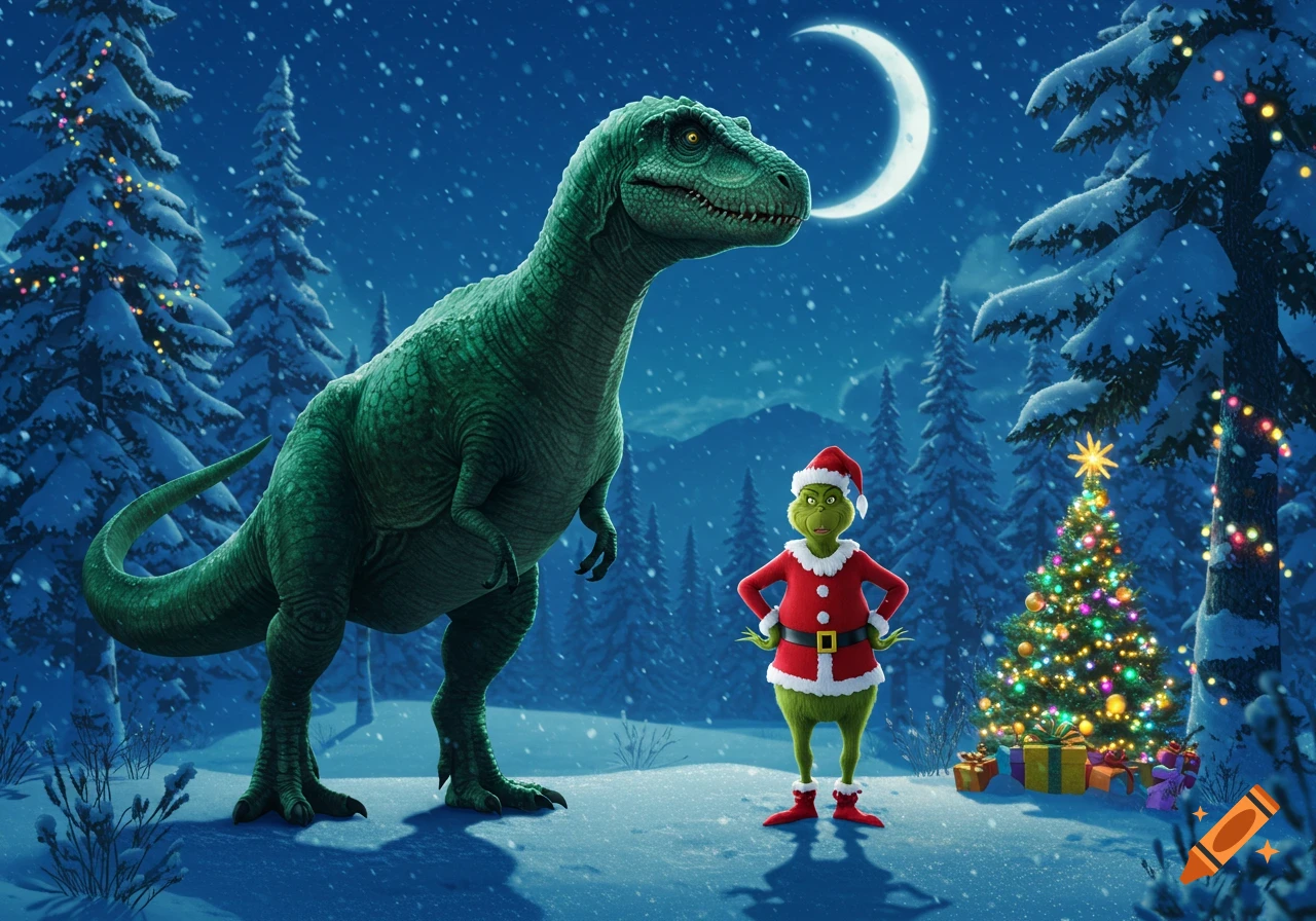A large green dinosaur and The Grinch in a Santa suit stand in a snowy ...