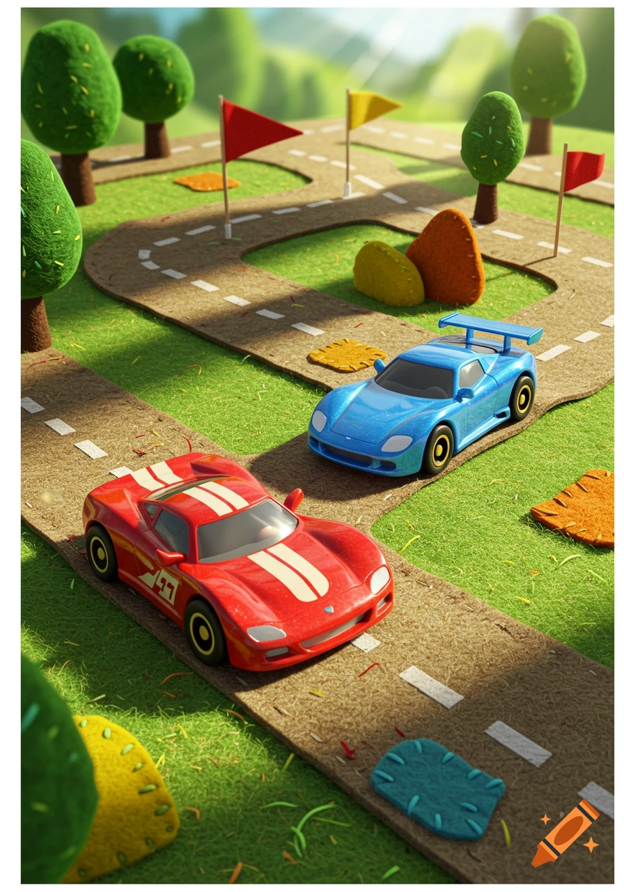 Red and blue toy cars on a brown felt race track with green felt trees ...