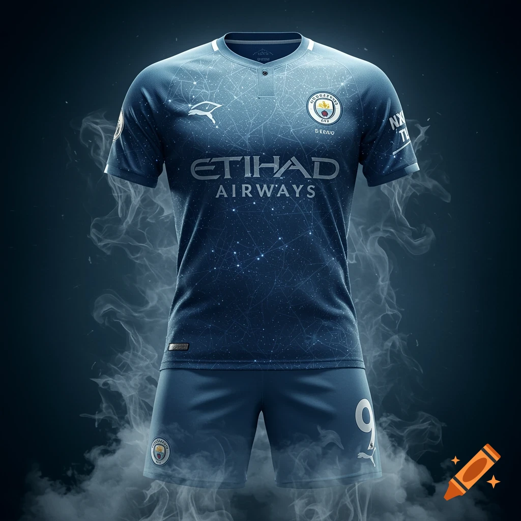 A black, blue, and gold soccer jersey with a lion logo, the number 20 ...