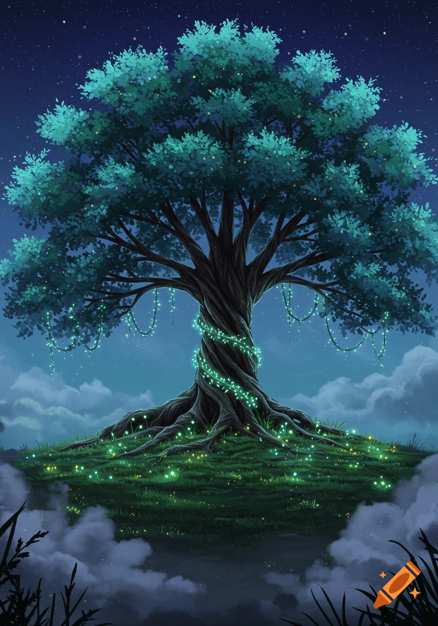 Vibrant digital art of a circuit board tree with glowing roots in a ...