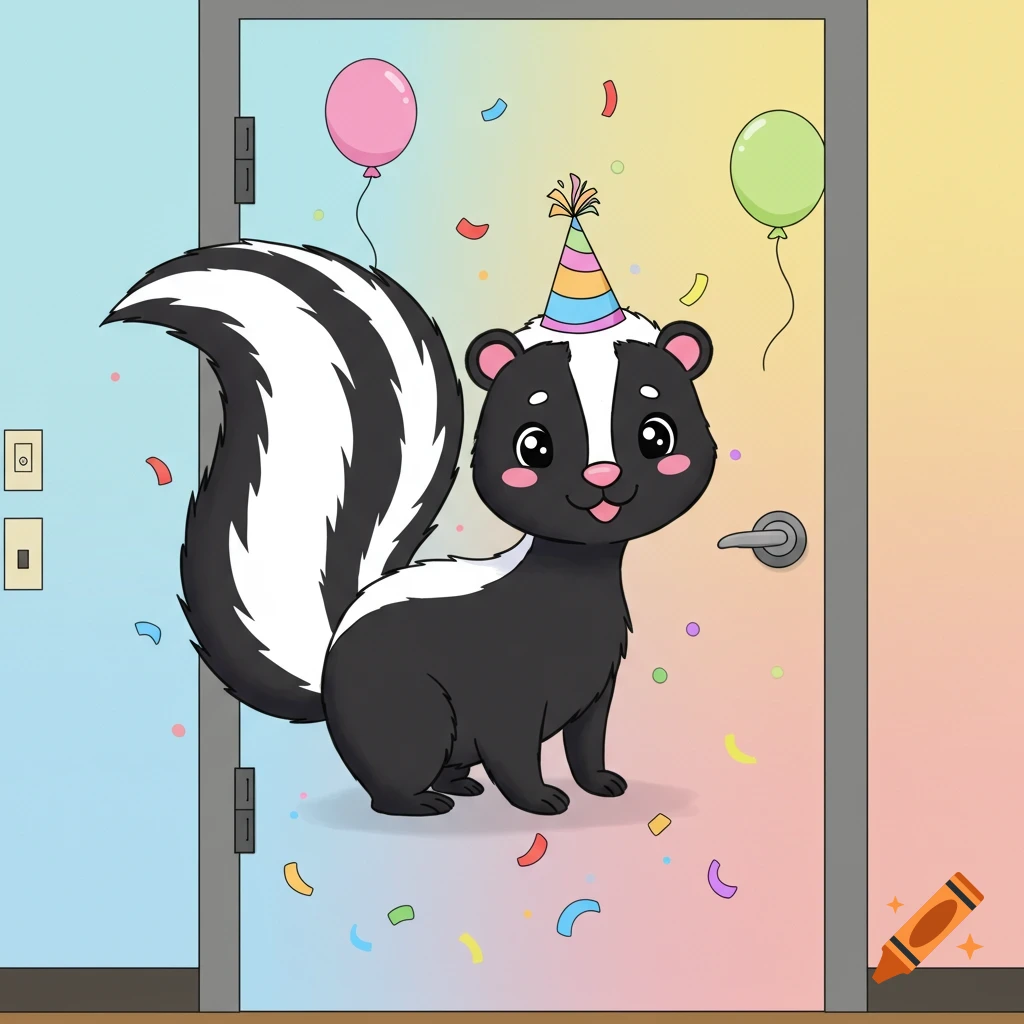 A cute cartoon skunk wearing a party hat stands in a doorway surrounded ...
