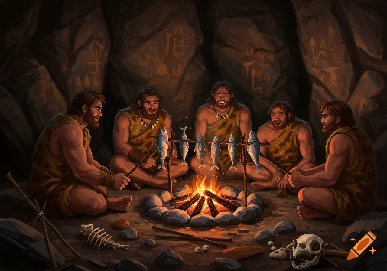 Five cavemen in animal skin clothing sit around a campfire inside a ...