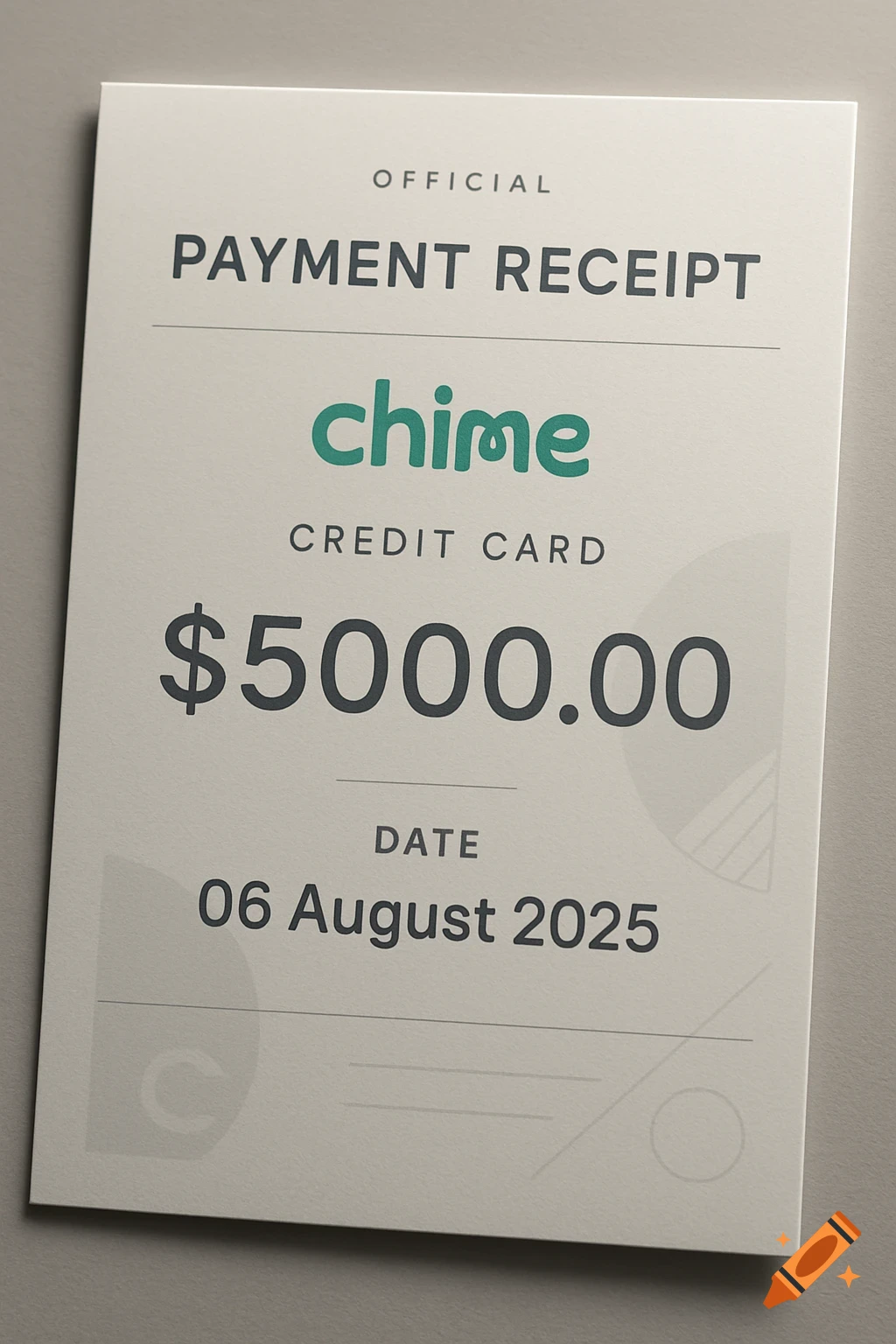 Photorealistic payment receipt for Chime Credit Card showing $5000.00 ...