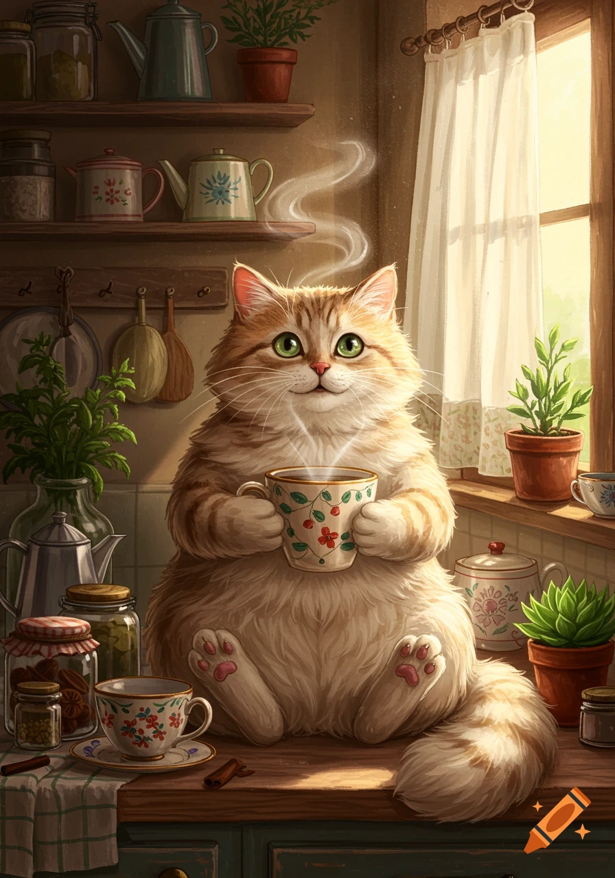 A cheerful cartoon tiger looks out a window, holding a steaming coffee ...