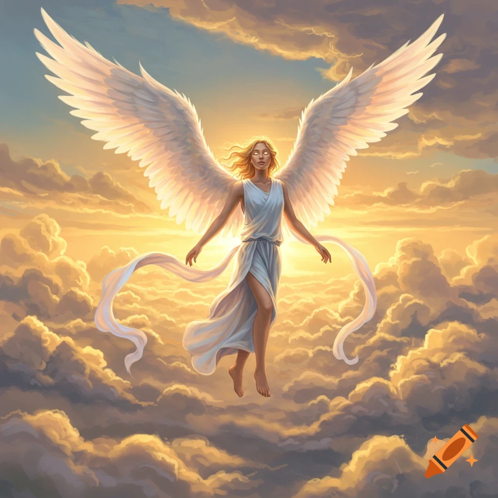 A serene female angel with large white wings, a pink flower crown, and ...