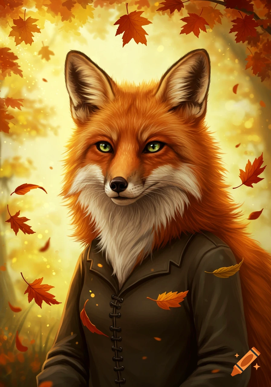 A stylized anthropomorphic red fox in a brown jacket stands in an ...