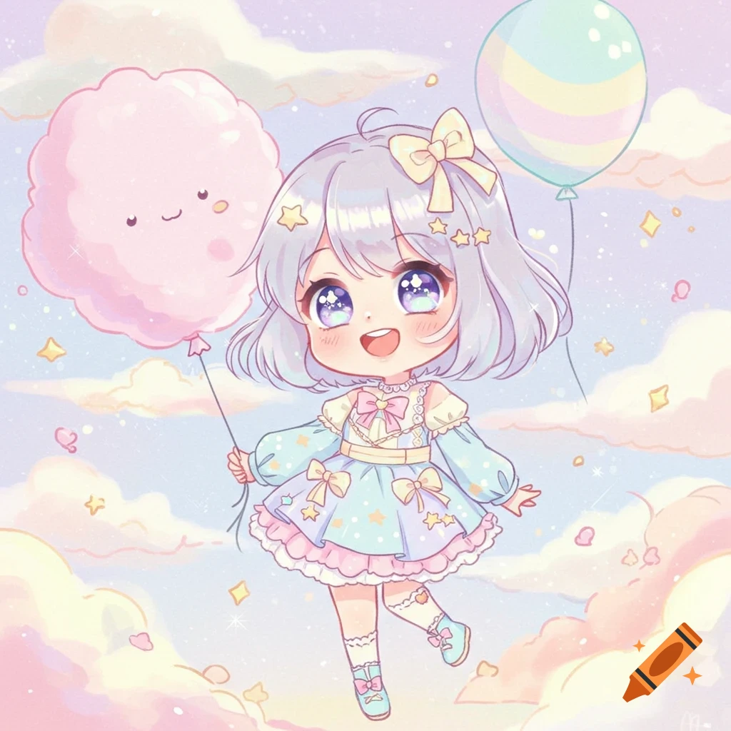 A cute blonde anime chibi character in a pink plaid dress and striped ...