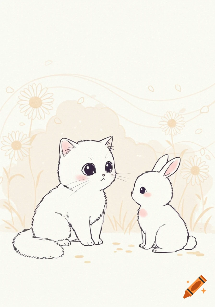 A cute kawaii anime cartoon line drawing of a white kitten staring at a ...