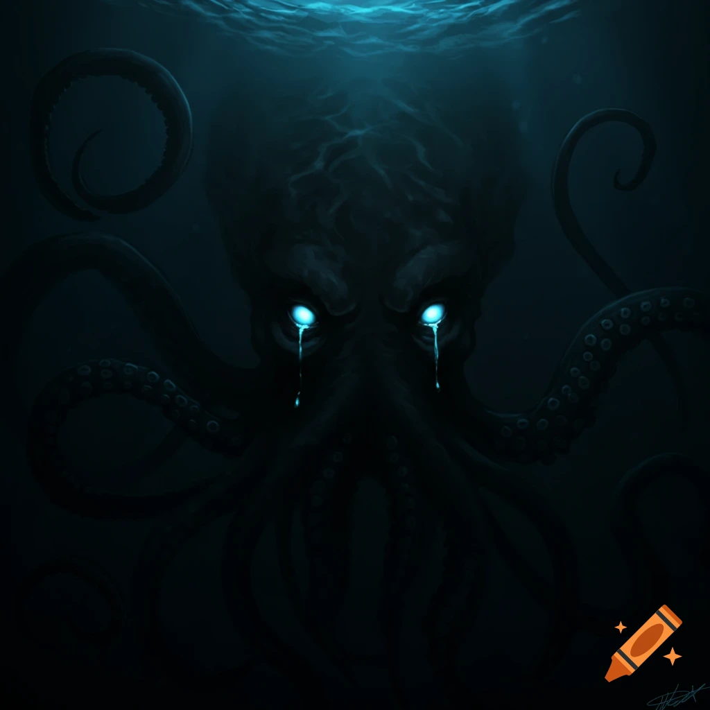 A dark, eerie illustration of a kraken or giant squid submerged in deep blue water, its glowing ...