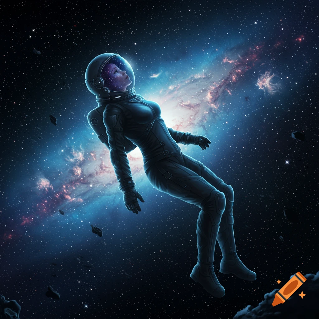 A female astronaut floats in space with a galaxy and stars visible behind her. on Craiyon