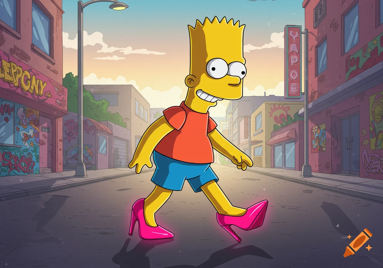 Bart Simpson skateboards down a street in a cartoon style, with ...
