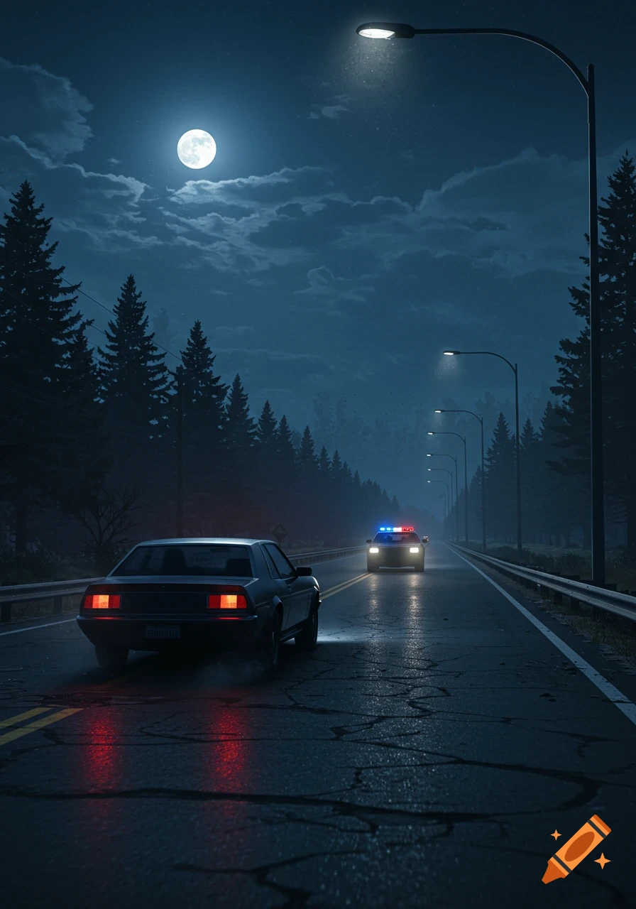 A cinematic night scene on a wet road; a truck's headlights illuminate ...