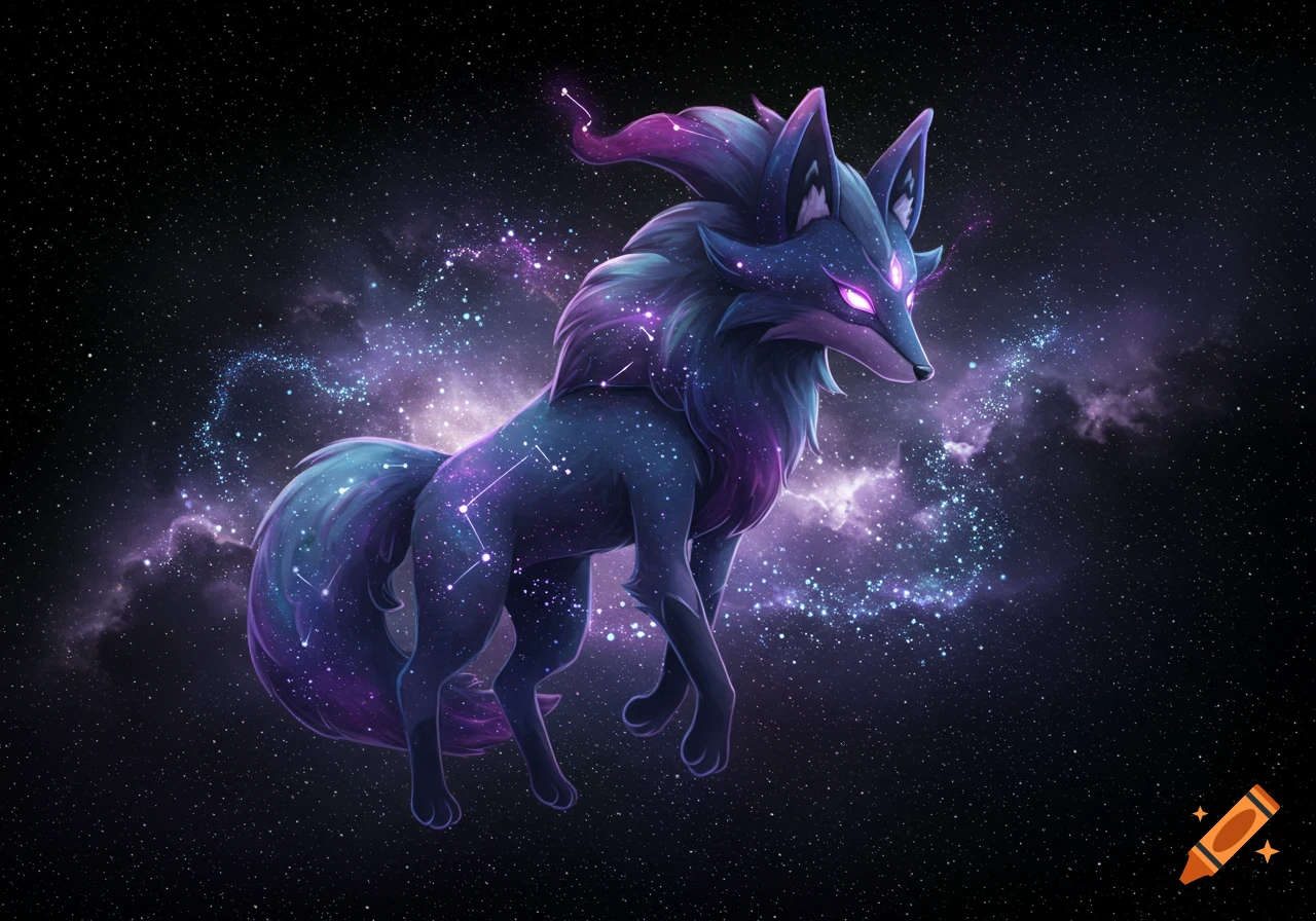 Five cute purple cartoon foxes with big eyes float in a dark blue and ...