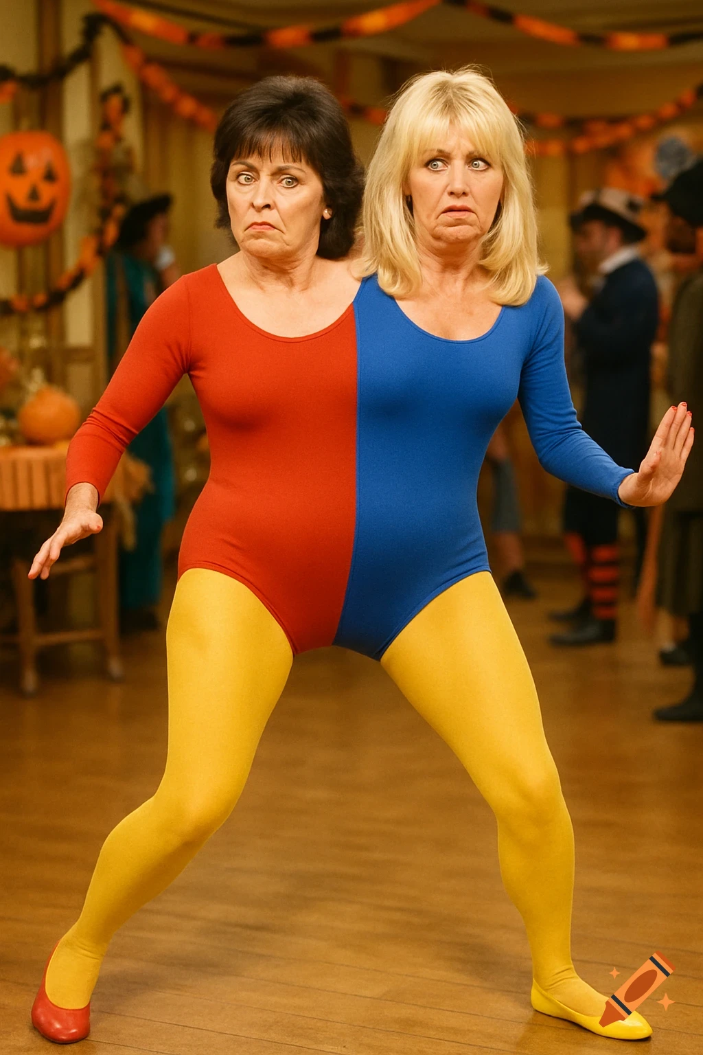 Two women in leotards hug to create a two-headed person illusion at a ...