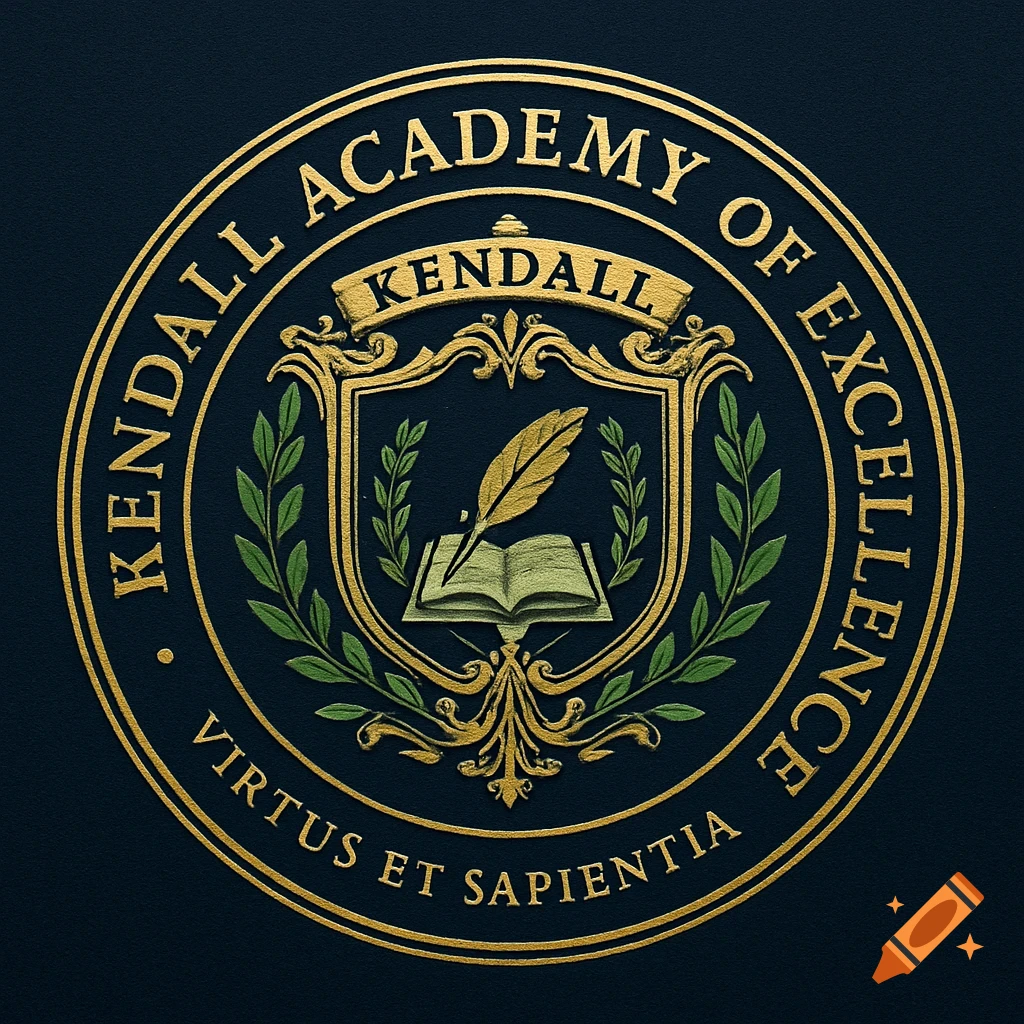 A gold and green school seal for Kendall Academy of Excellence with a ...