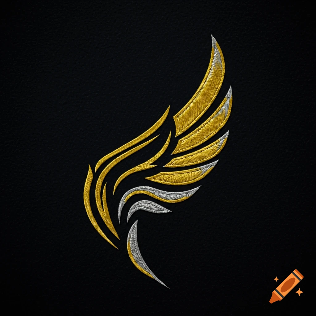 A sleek, stylized phoenix wing emblem rendered in metallic gold and ...