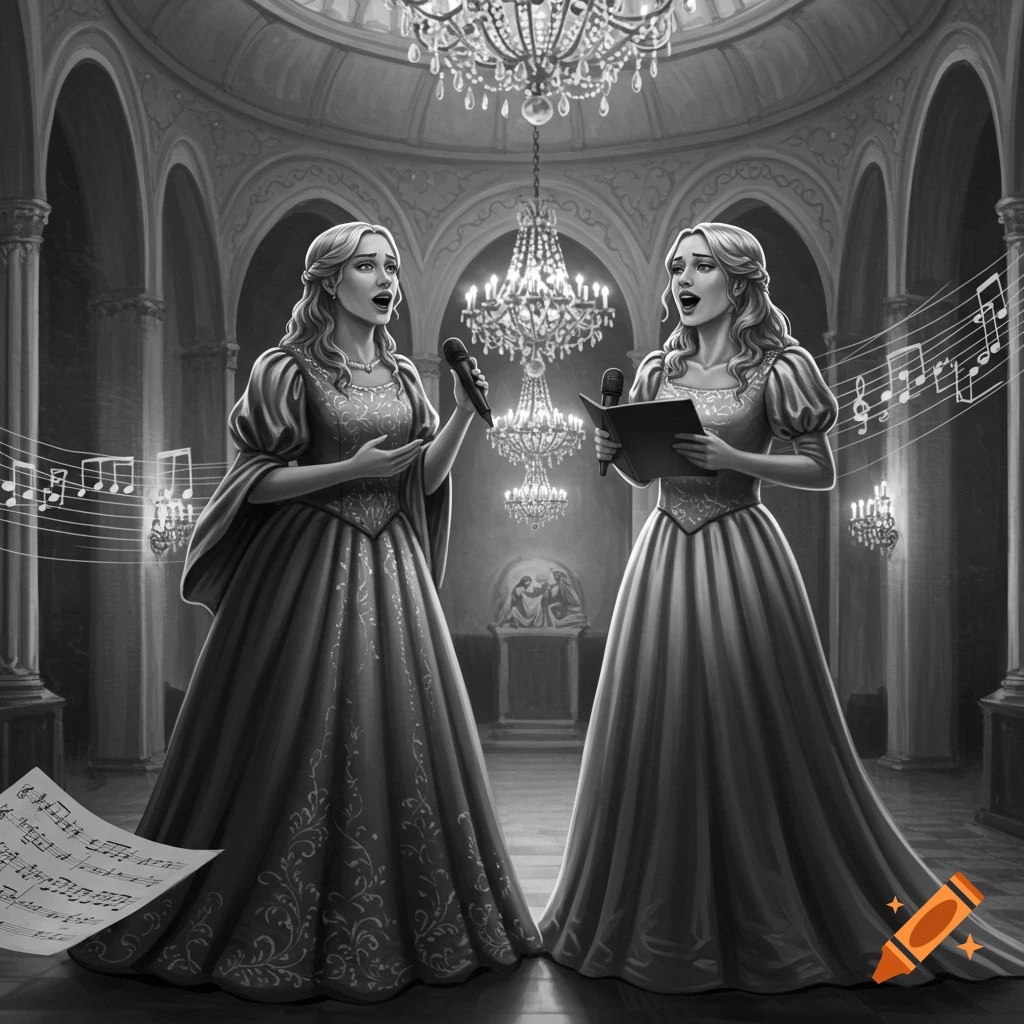 Black and white illustrative drawing of two women in ornate gowns ...