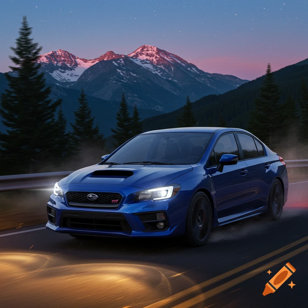 A blue Subaru WRX STI sport sedan drives on a road at dusk with snow ...