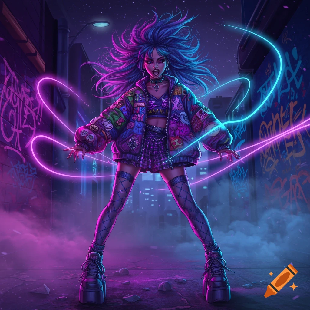 A vibrant anime-style girl with blue and purple hair and an oversized ...