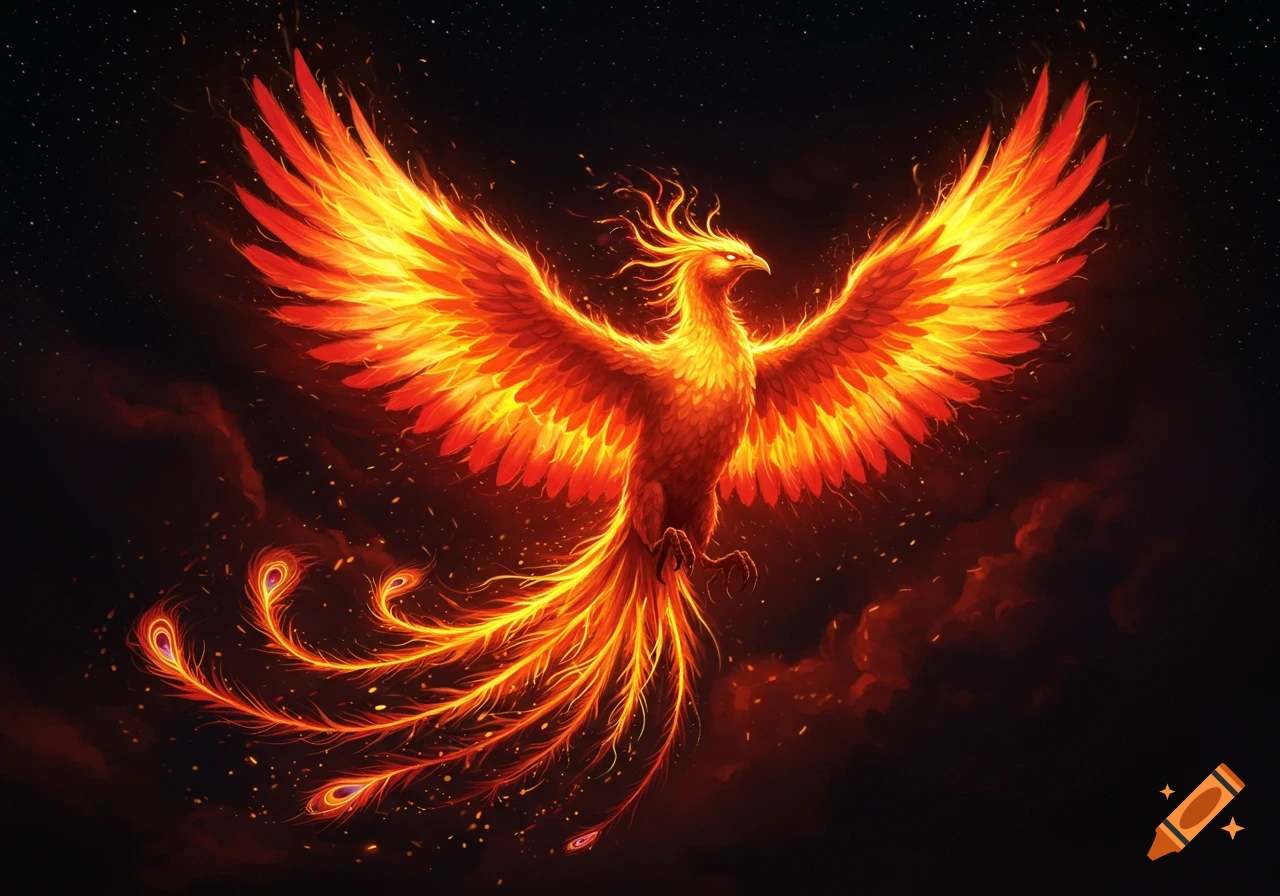 A vibrant phoenix, ablaze with orange and red flames, soars against a ...