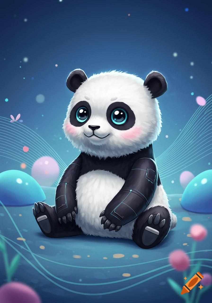Kawaii panda in a pink fluffy coat and mittens ice-skating on a ...