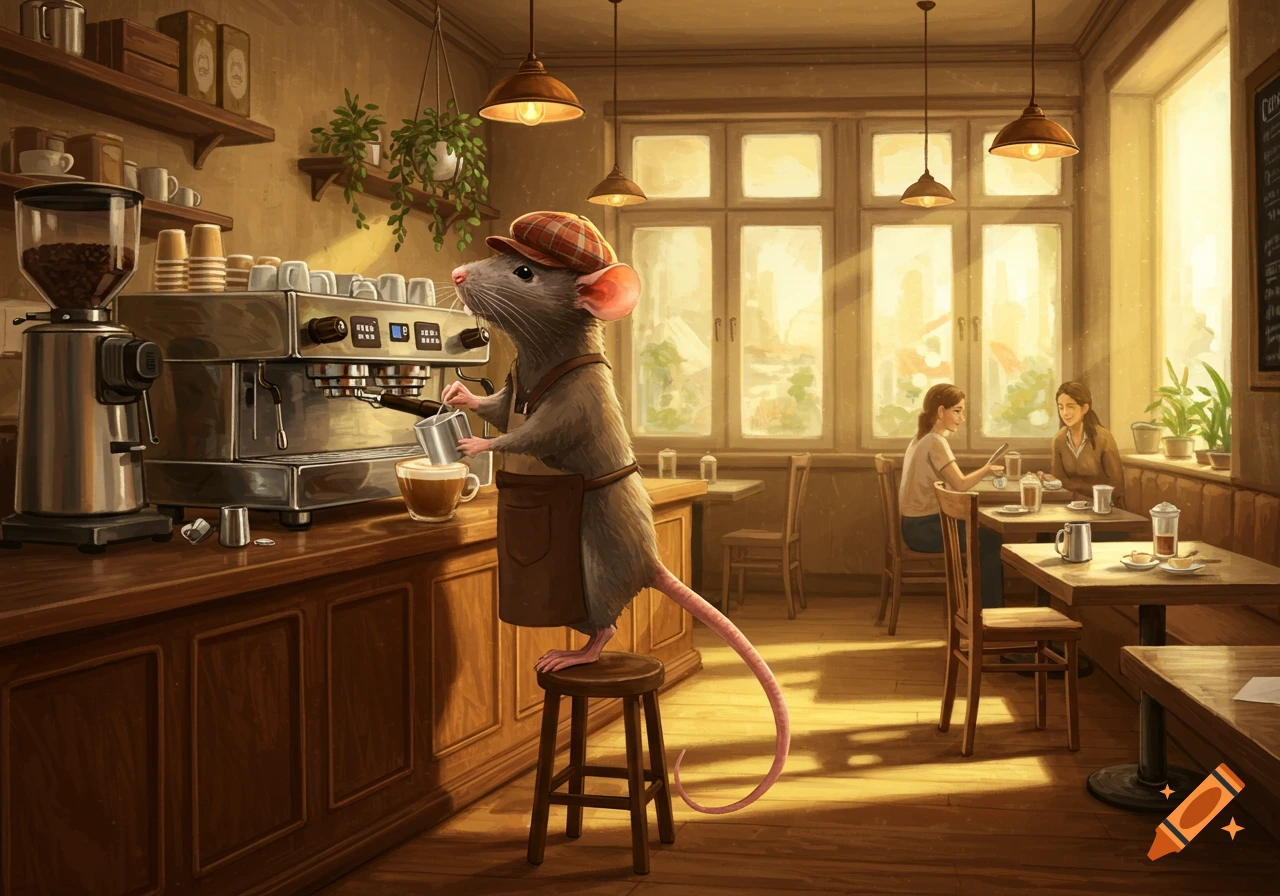An anthropomorphic tabby cat barista in an apron makes espresso at a ...