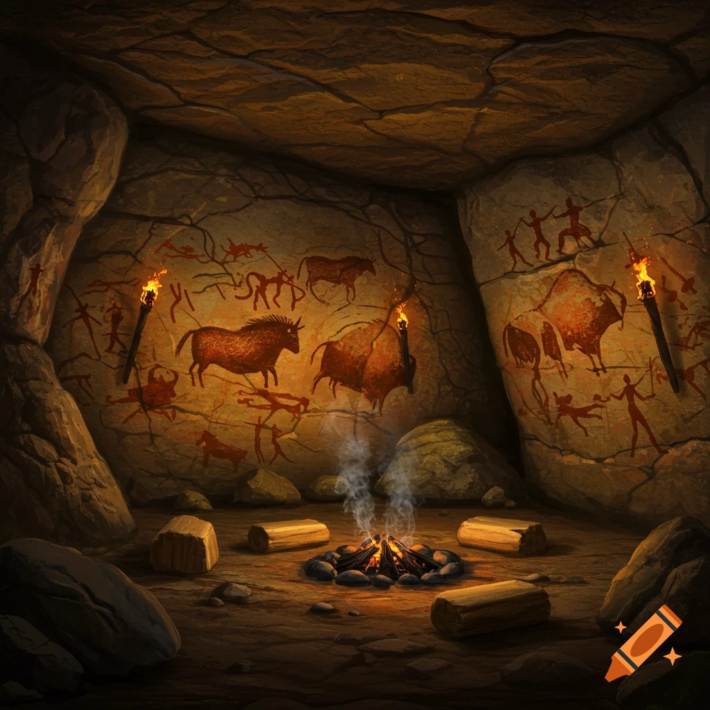 Interior of a dark cave featuring ancient red cave paintings of bison ...